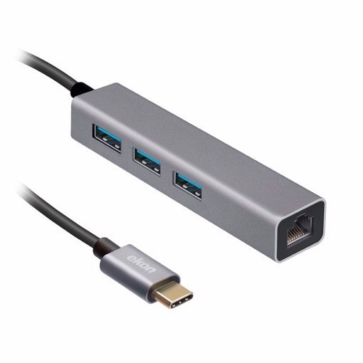EKON Hub in alluminio con 3 porte USB 3.0, cavo USB-C e porta Ethernet ...